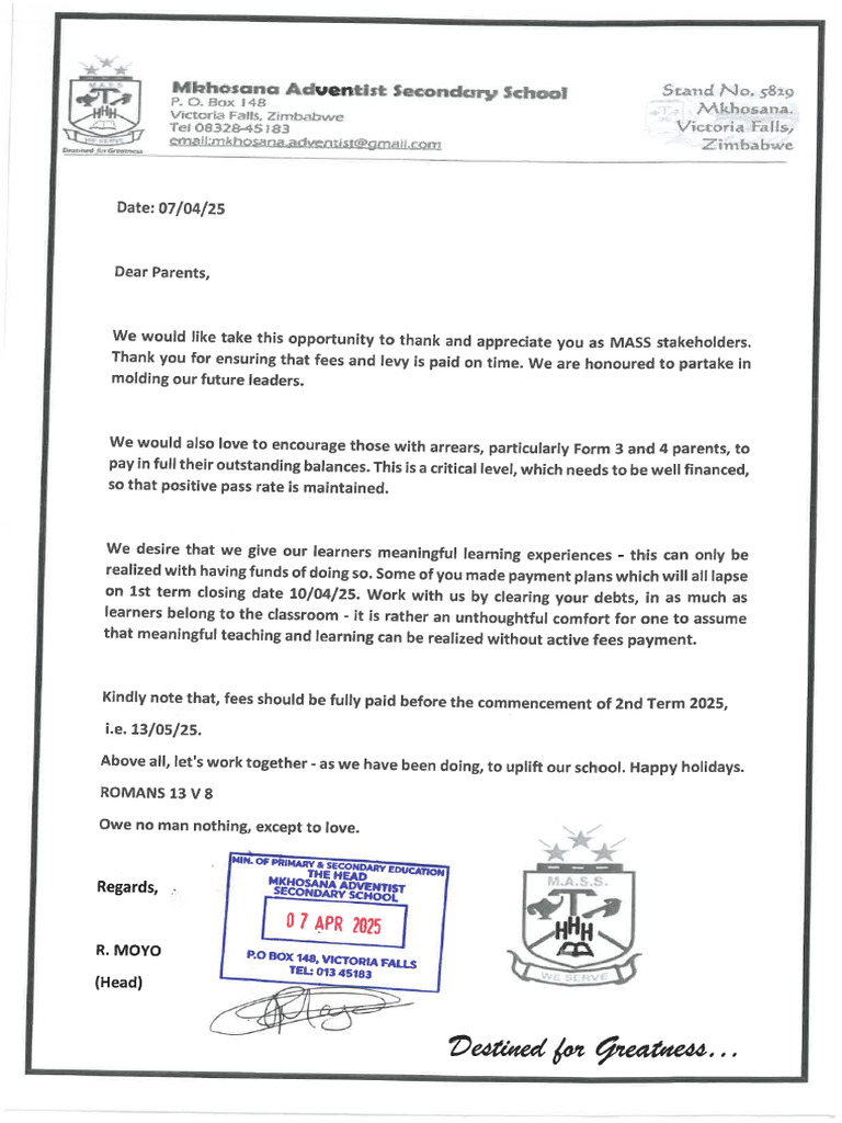 Heads End of Term Letter | PDF