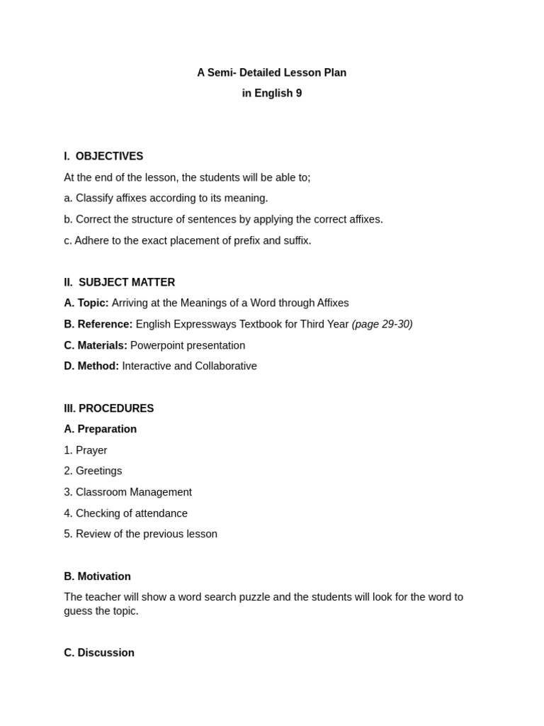 Lesson Plan on Affixes for English 9 | PDF | Word | Human Communication