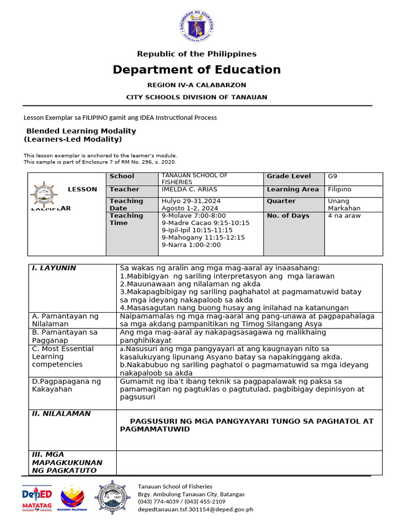 WEEK 1 Lesson Plan Aug 5-8- Copy | PDF