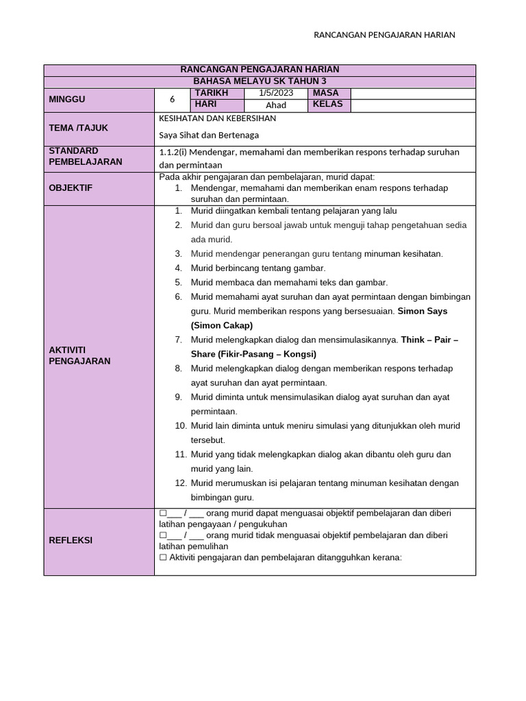 RPH Ringkas Minggu 6 BM SK THN 3 2023 | PDF