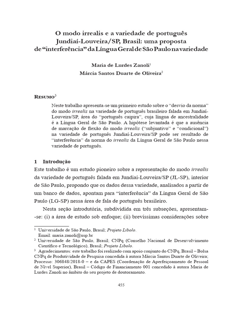 O Modo Irrealis e A Variedade de Português Jundiaí-Louveira/SP, Brasil ...