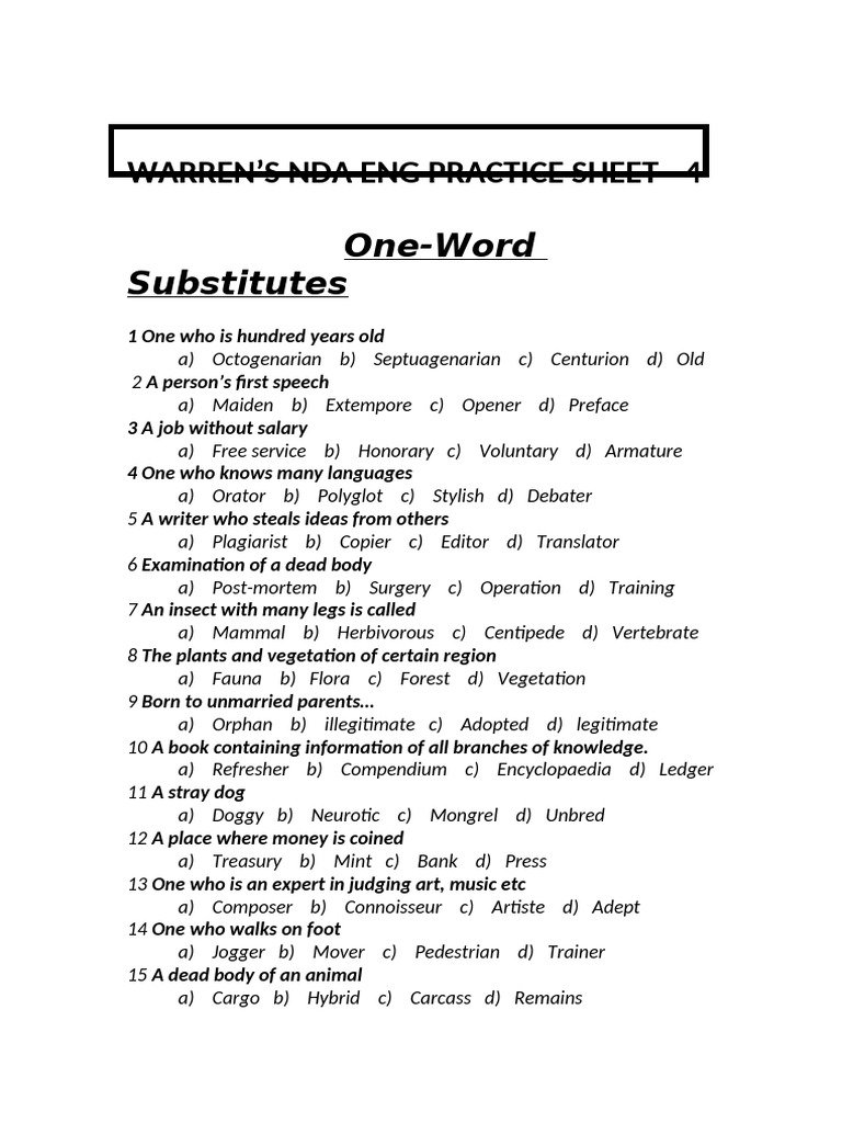 NDA - WK Sheet 4 One-Word Substitutes | PDF