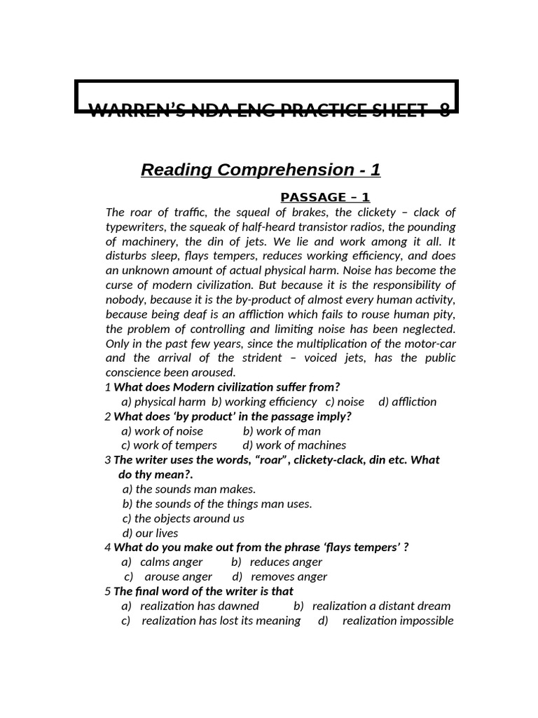 NDA WK Sheet-8 - Comprehension | PDF | Asceticism | Cigarette
