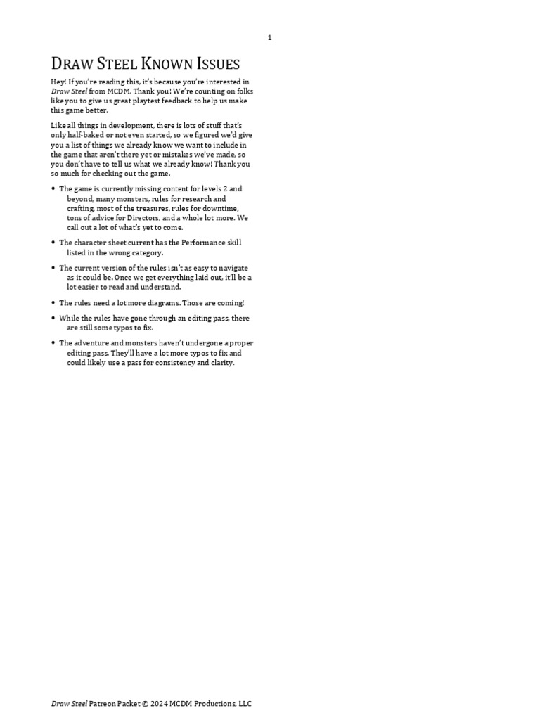 Draw Steel Known Issues List Patreon Packet July 2024 | PDF