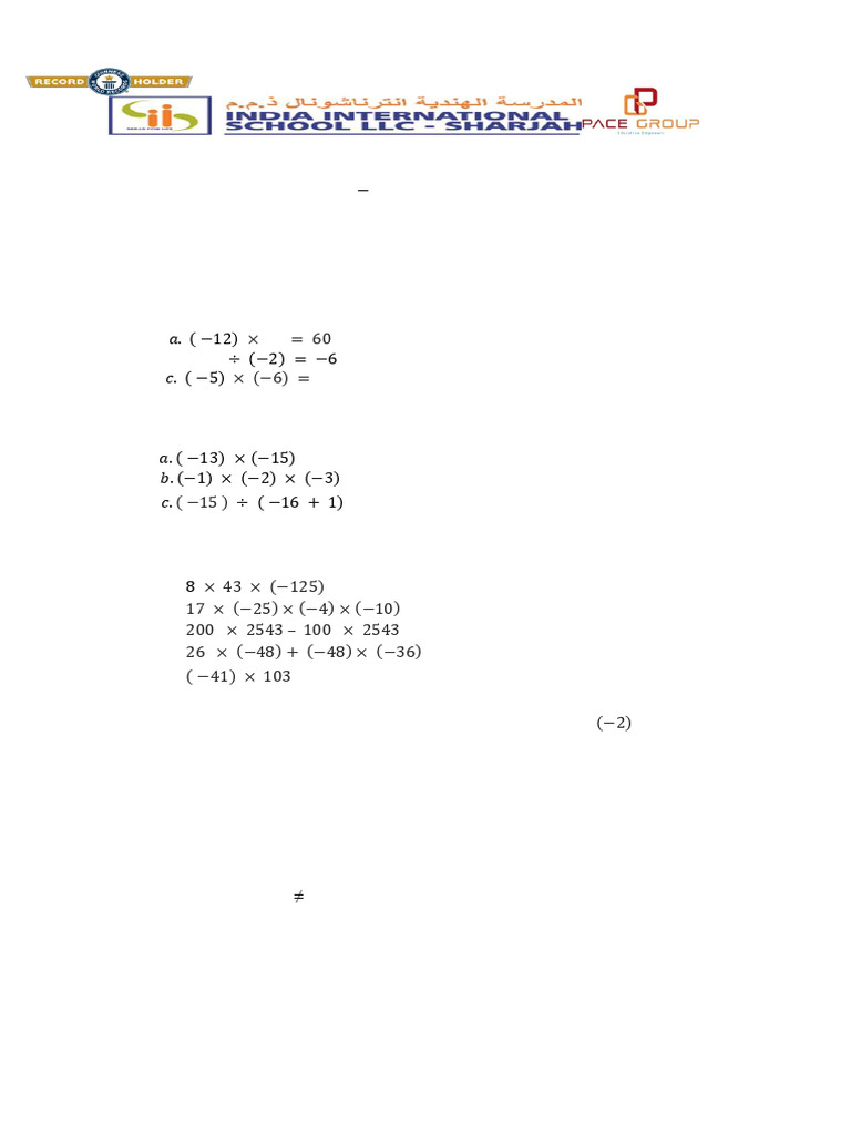 Grade 7 Chapter 1 Integers Revision Worksheet | PDF | Mathematics ...