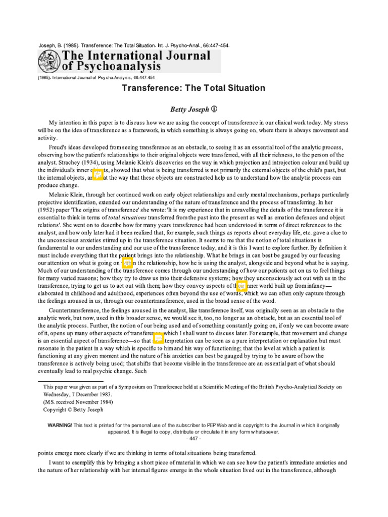 Joseph Betty - Transference The Total Situation | PDF