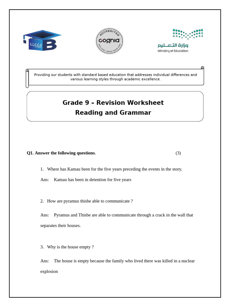 Grade 9 Reading and Grammar Revision | PDF