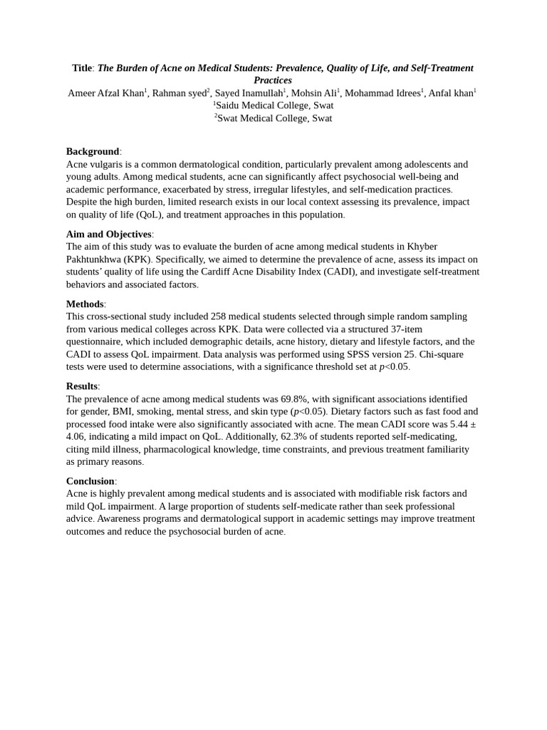 Acne Abstract | PDF | Quality Of Life | Medical Specialties