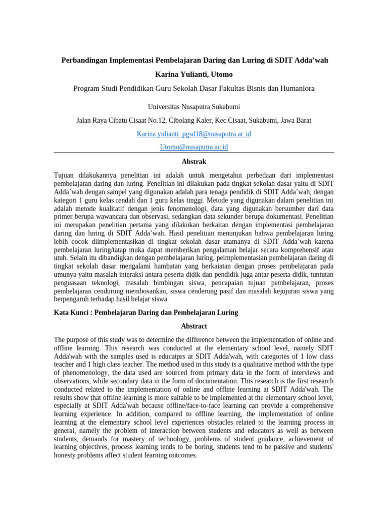 Perbandingan Implementasi Pembelajaran Daring Dan Luring Di SDIT Addaâ ™wah | PDF