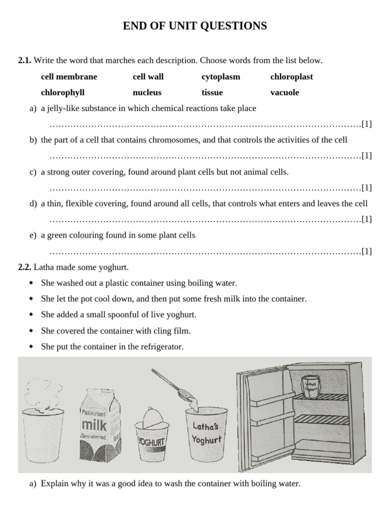 7 Old CB - UNIT 2 - Cells - END OF UNIT QUESTIONS | PDF | Cell (Biology ...