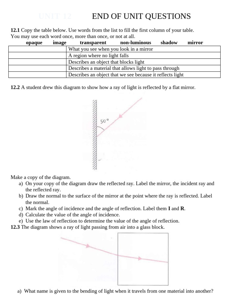 8 Old CB - Unit 12 - Light - End of Unit Questions | PDF