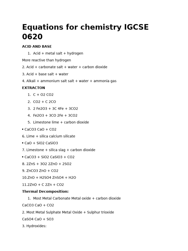 Equations For Chemistry IGCSE 0620 | PDF | Oxide | Catalysis