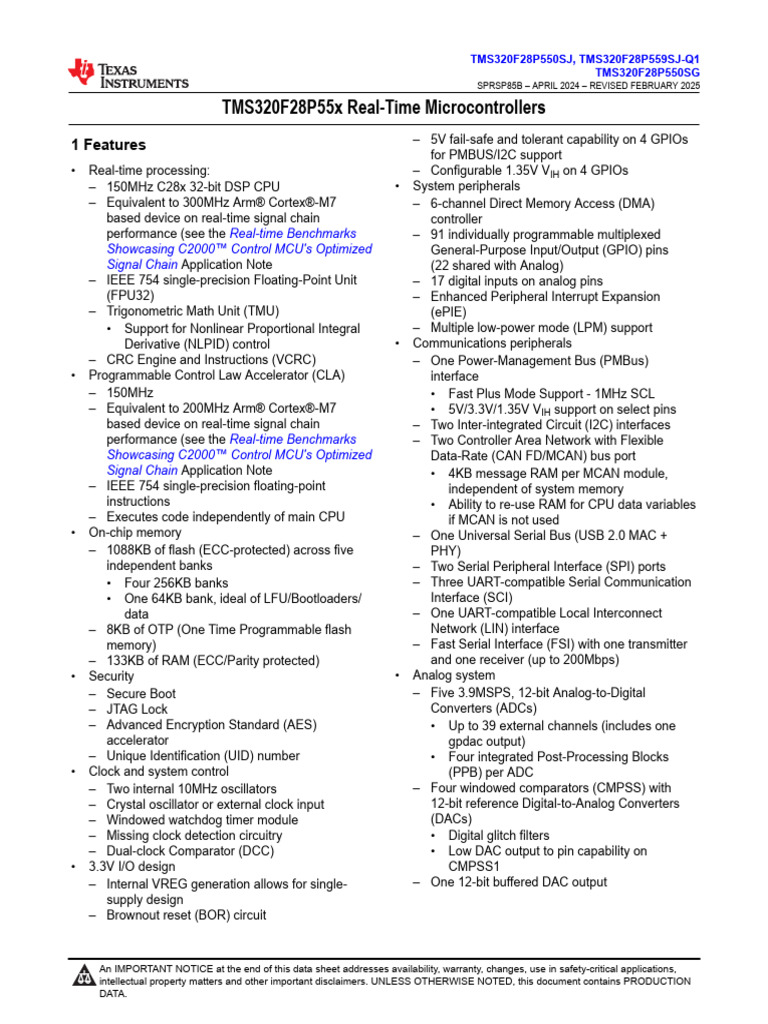 TMS320F28P55x Real-Time Microcontrollers: 1 Features | PDF | Microcontroller | Electronics