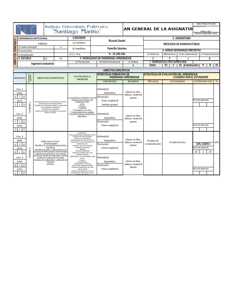 PSM Plan General de la Asignatura Proceso Manufactura SA 2025-1 | PDF ...