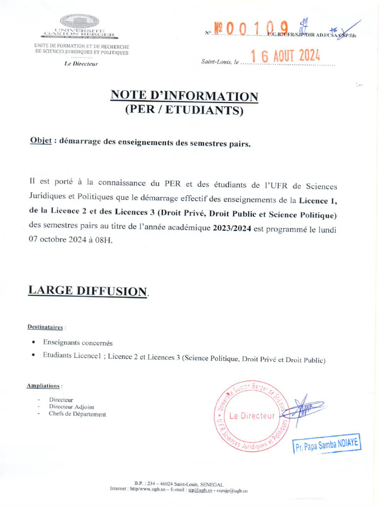 Note relative à la date de démarrage du second semestre | PDF