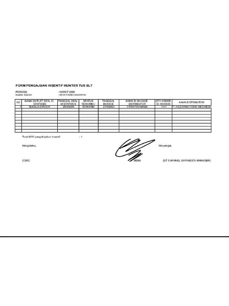 Form Pengajuan Insentif NOO Hunter Sales Executive HFI. | PDF