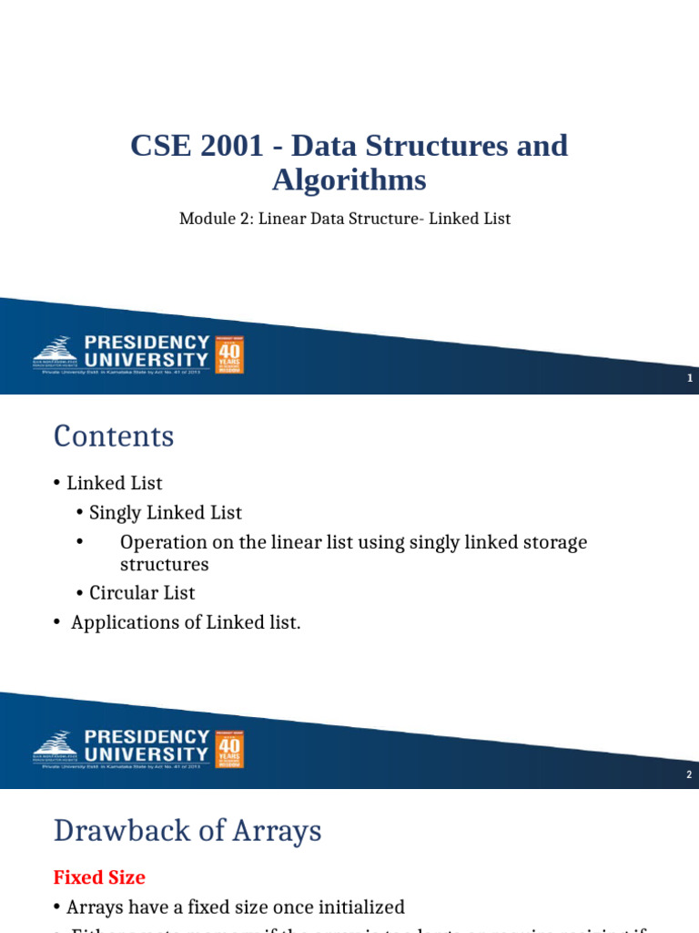 CSE 2001 - Data Structures and Algorithms: Module 2: Linear Data Structure-Linked List | PDF