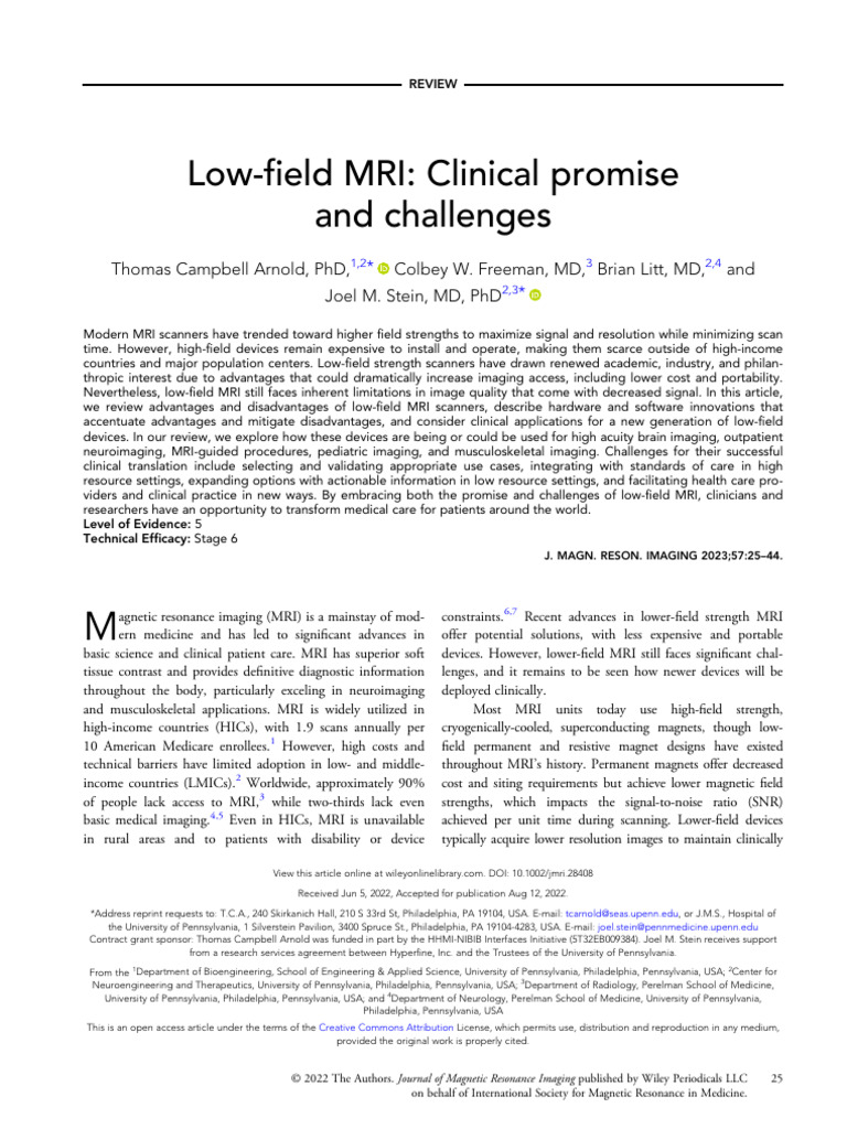 LowFieldMRClinicalPromiseAndChallenges Arnold TC Et Al JMRI 2022 | PDF | Magnetic Resonance ...