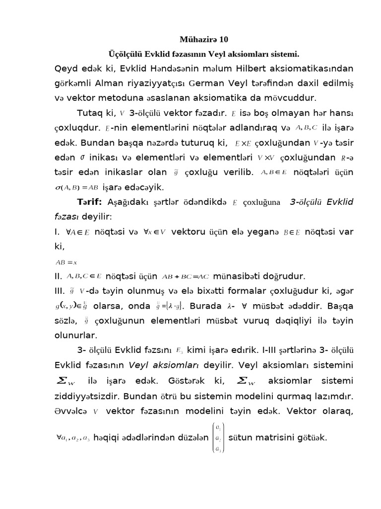 Mühazirə 10 Üçölçülü Evklid Fəzasının Veyl Aksiomları Sistemi | PDF
