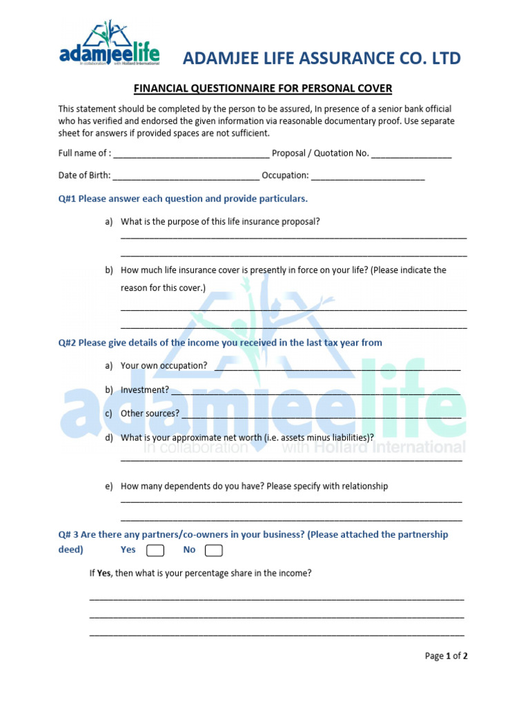 Financial Questionnaire for Life Insurance | PDF | Life Insurance ...