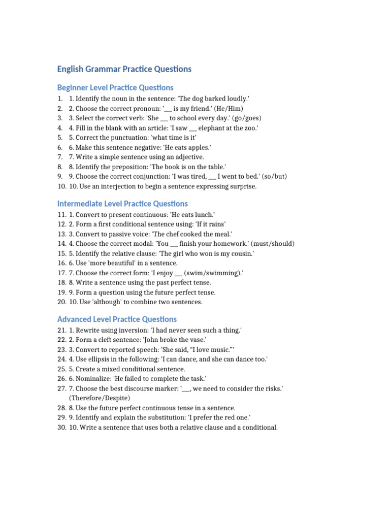 English Grammar Practice Questions | PDF