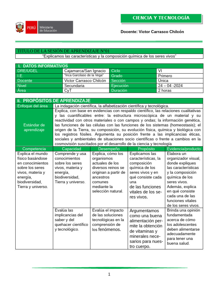 Sesión de Aprendizaje 1° | PDF | Organismos | Maestros