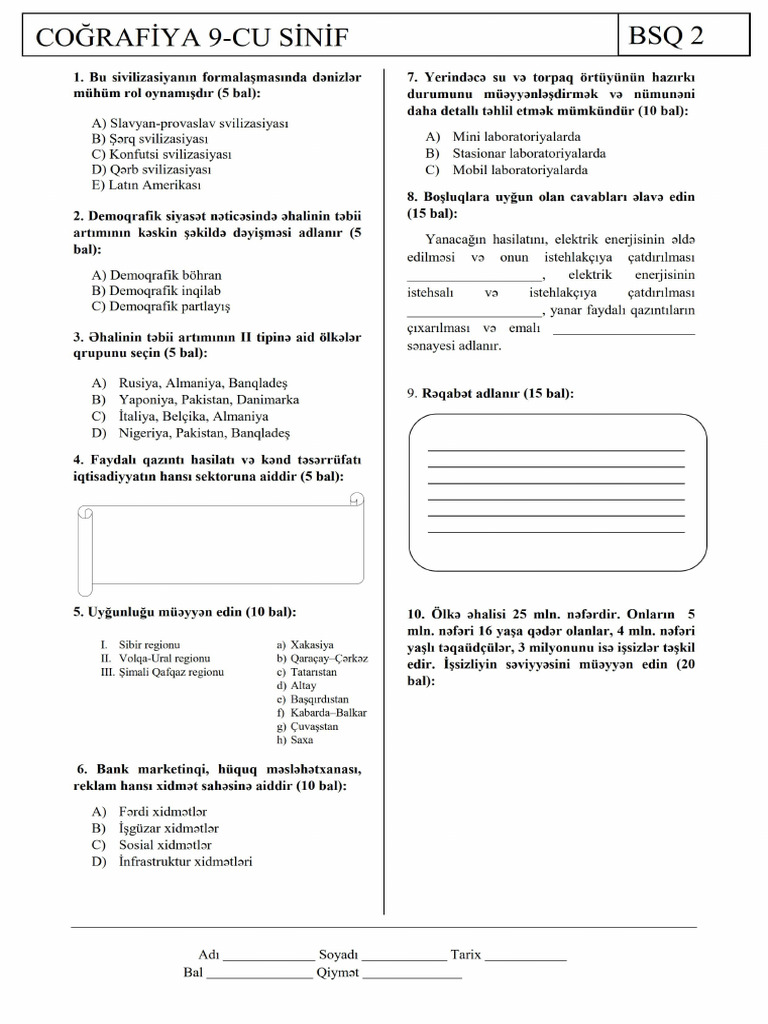 Coğrafiya 9-Cu Sinif BSQ 2 | PDF