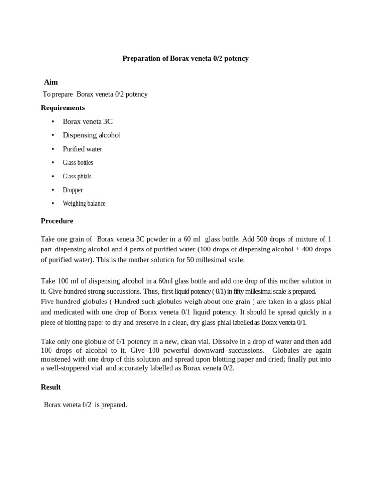 Preparation of Borax Veneta 02 Potency | PDF