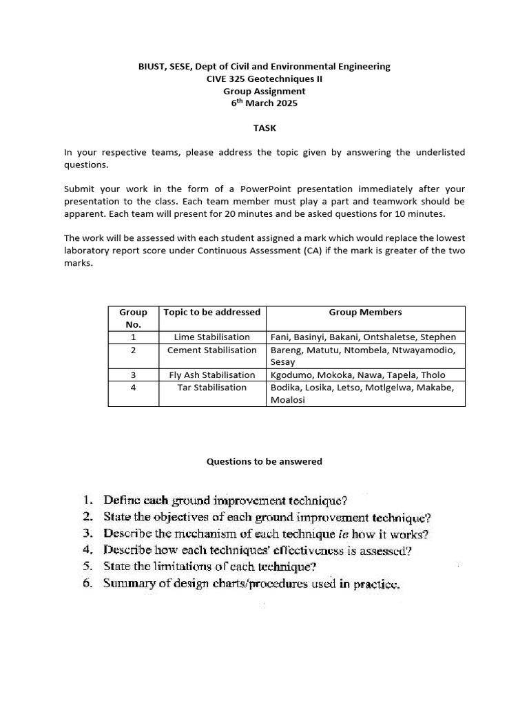 CIVE 325 Soil Improvement Techniques Assignment 6th March 2025 | PDF