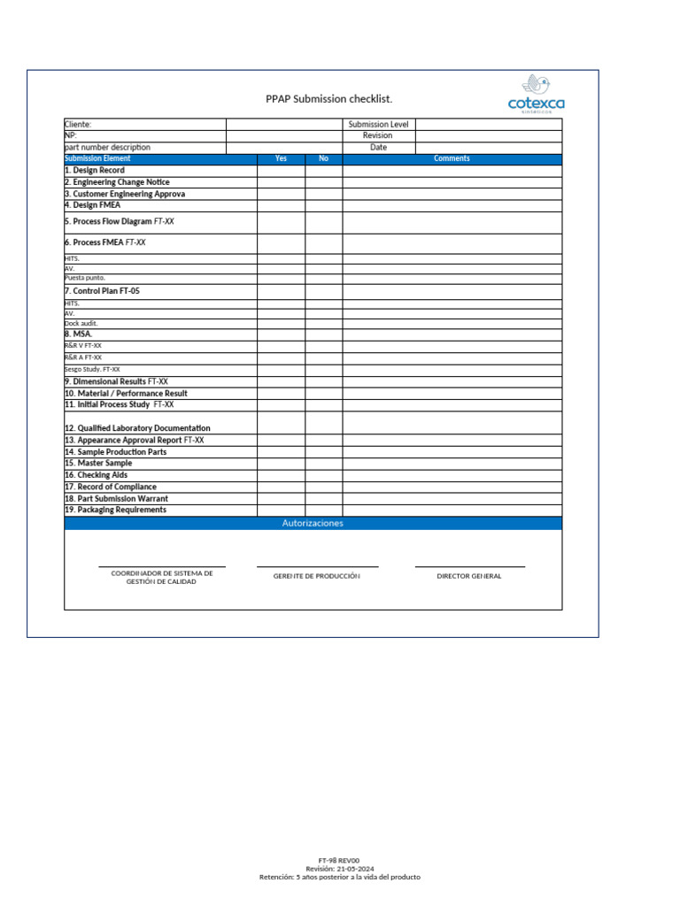 FT-XX PPAP Submission Checklist REV00 | PDF