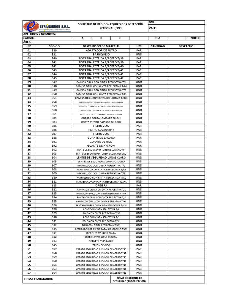 Formato de Requerimiento de EPPS | PDF