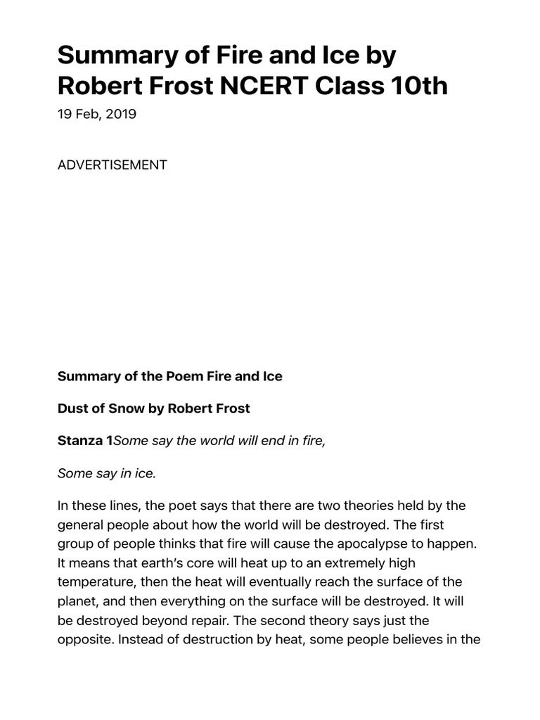 Summary of Fire and Ice by Robert Frost NCERT Class 10th | PDF | Ice ...