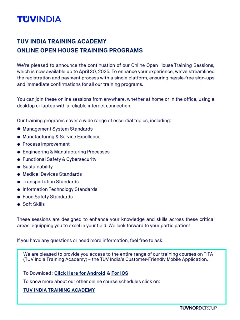 TUV India Training Calendar 2025 | PDF