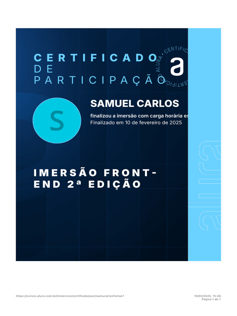 Certificado de Imersão - Samuel Carlos | PDF