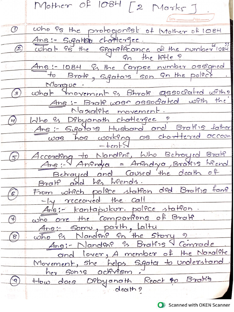 Mother of 1084, 2 Marks Question | PDF