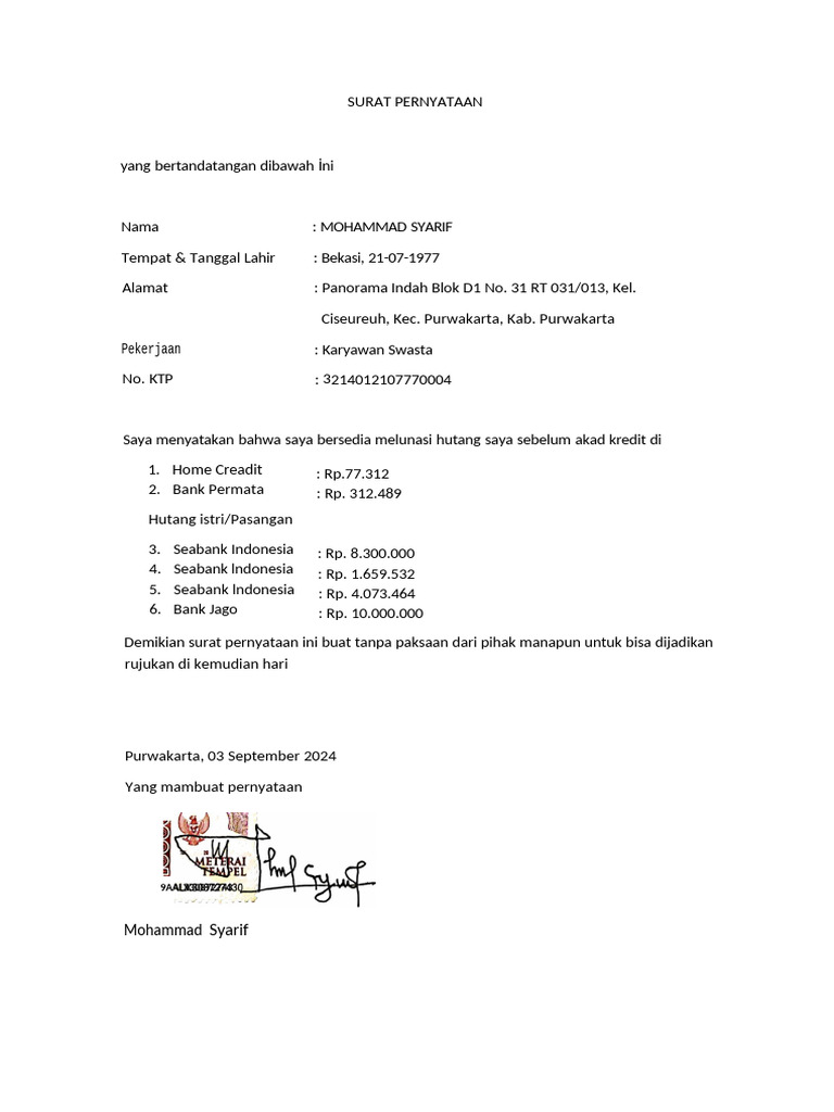Surat Pernyataan Pelunasan Hutang Mohammad Syarif | PDF