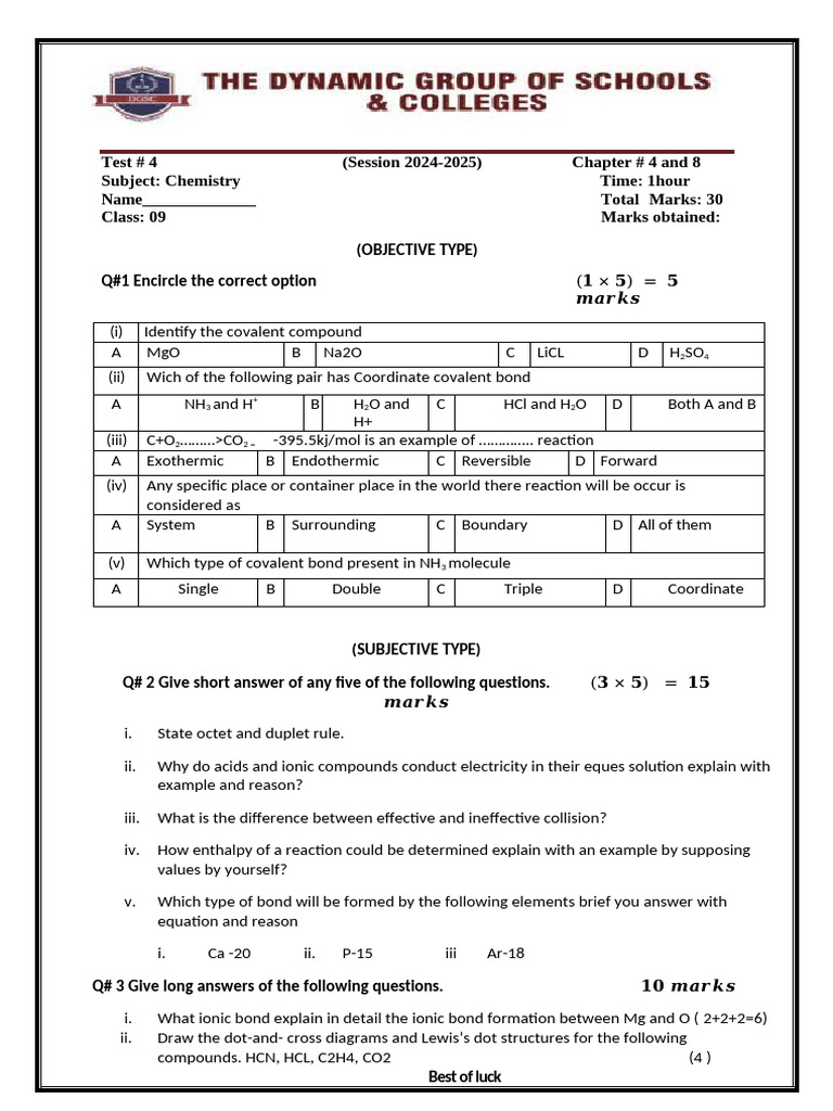 Chemistry Test for Class 9: Chapters 4 & 8 | PDF | Chemical Bond ...