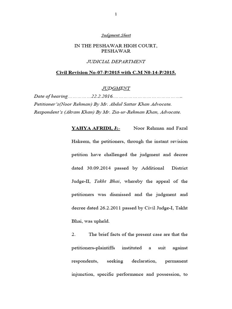 07-2015-Noor-Rehman VS Akram-Khan | PDF | Burden Of Proof (Law) | Lawsuit