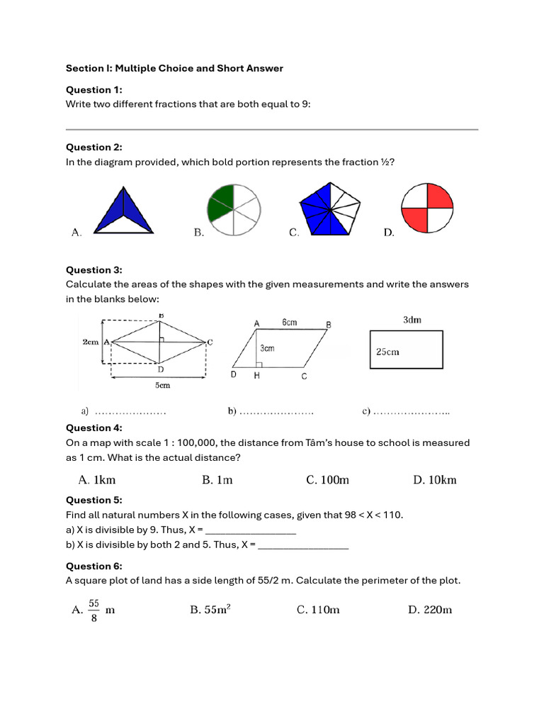 Vinschool Sample Entry Test For Grade 5 Mathematics | PDF