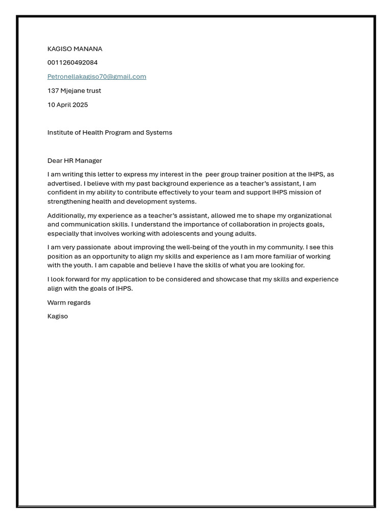 Peer Group Trainer Cover Letter | PDF