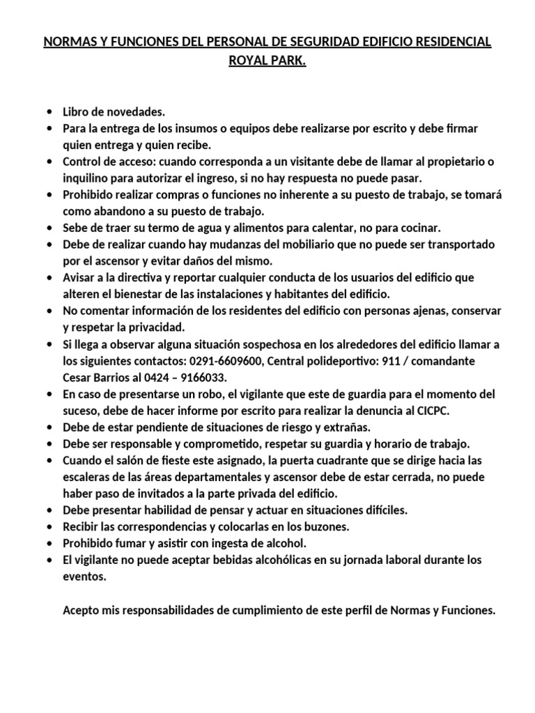 NORMAS Y FUNCIONES DEL PERSONAL DE SEGURIDAD EDIFICIO RESIDENCIAL ROYAL PARK | PDF