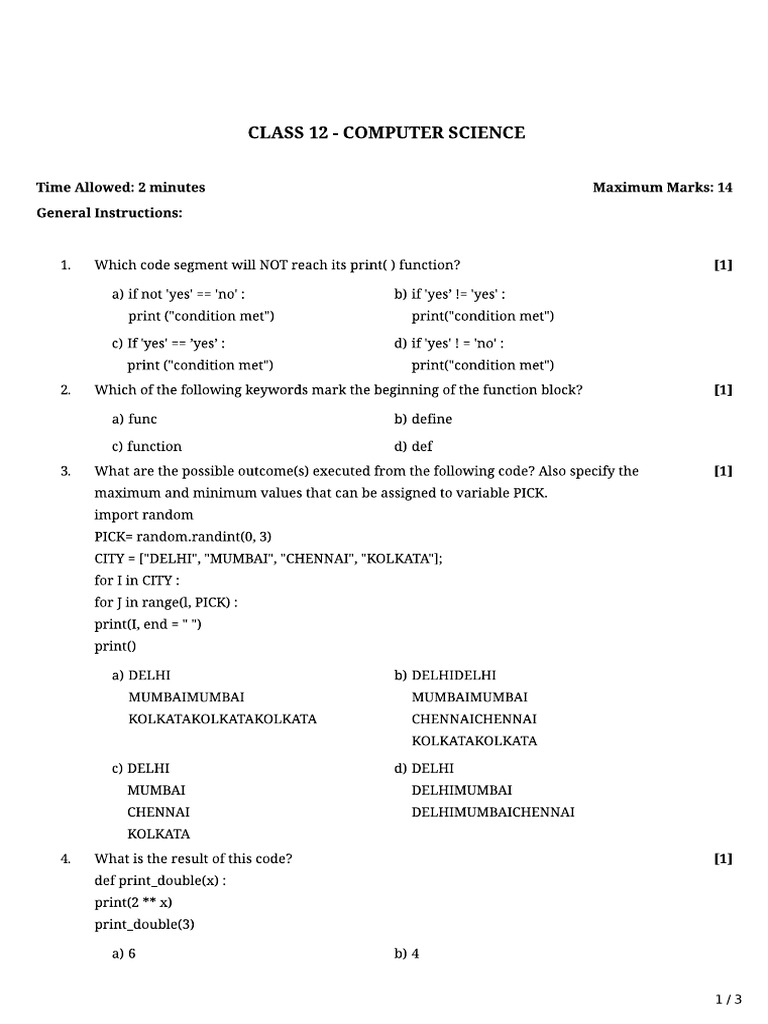 Grade12 - CS - Functions - MCQ | PDF | Optics | Matrix (Mathematics)