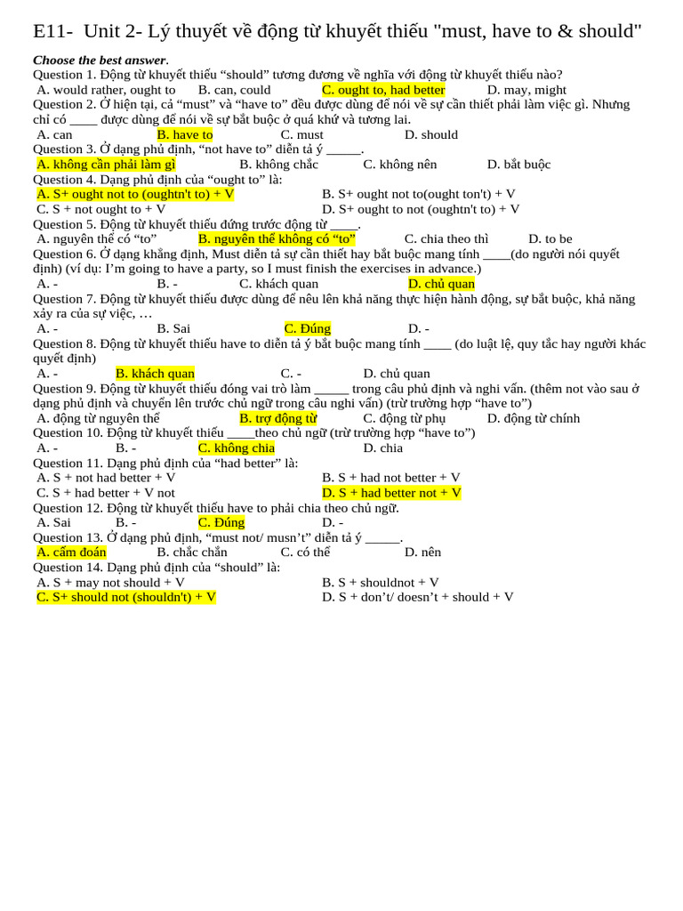 E11-Unit 2- Lý thuyết về động từ khuyết thiếu "must, have to & should" | PDF