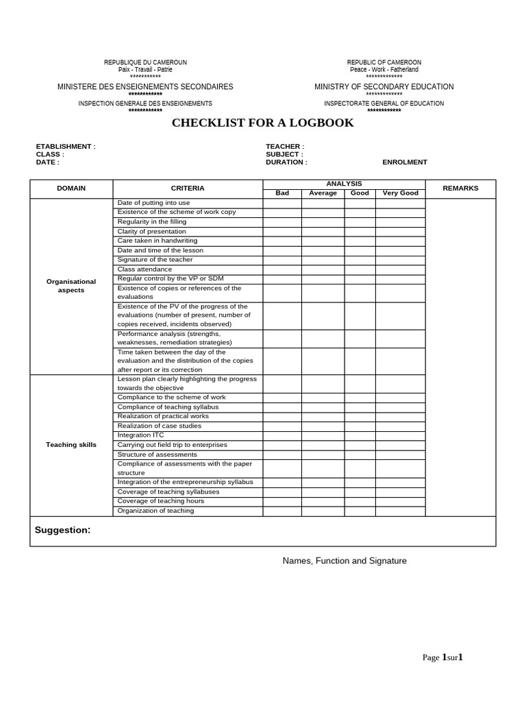 Logbook Checklist for Teachers in Cameroon | PDF | Learning