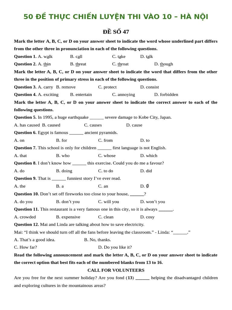 50 ĐỀ THỰC CHIẾN LUYỆN THI VÀO 10 MÔN ANH - HÀ NỘI NĂM 2025 CÓ ĐÁP ÁN BVV ĐỀ SỐ 47 | PDF
