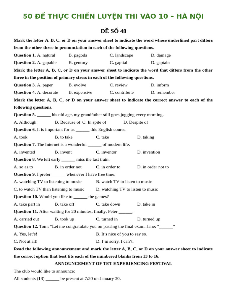 50 ĐỀ THỰC CHIẾN LUYỆN THI VÀO 10 MÔN ANH - HÀ NỘI NĂM 2025 CÓ ĐÁP ÁN BVV ĐỀ SỐ 48 | PDF | Dubai ...