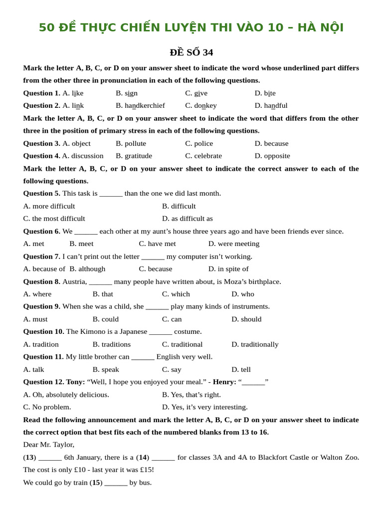 50 ĐỀ THỰC CHIẾN LUYỆN THI VÀO 10 MÔN ANH - HÀ NỘI NĂM 2025 CÓ ĐÁP ÁN BVV ĐỀ SỐ 34 | PDF ...