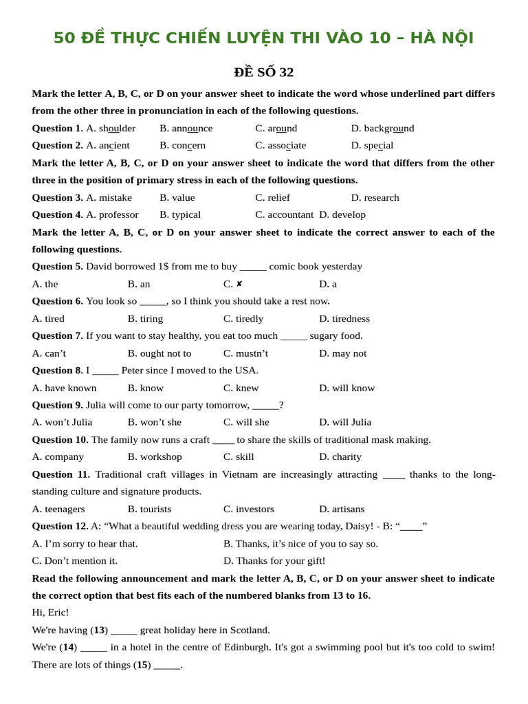 50 Đề Thực Chiến Luyện Thi Vào 10 Môn Anh - Hà Nội Năm 2025 Có Đáp Án Bvv Đề Số 32 | PDF ...