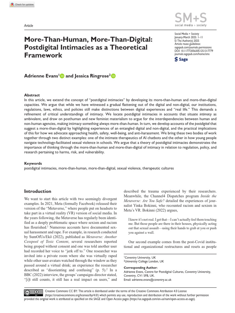 Evans Ringrose 2025 More Than Human More Than Digital Postdigital Intimacies As A Theoretical ...