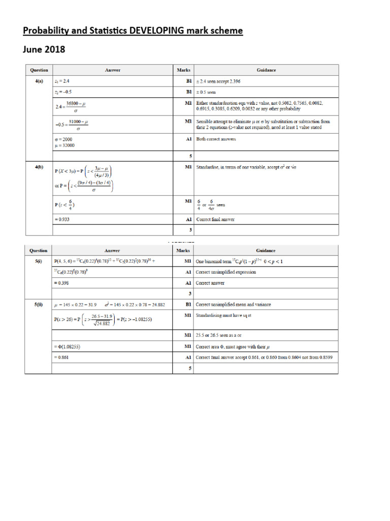 Probability and Statistics DEVELOPING Mark Scheme | PDF